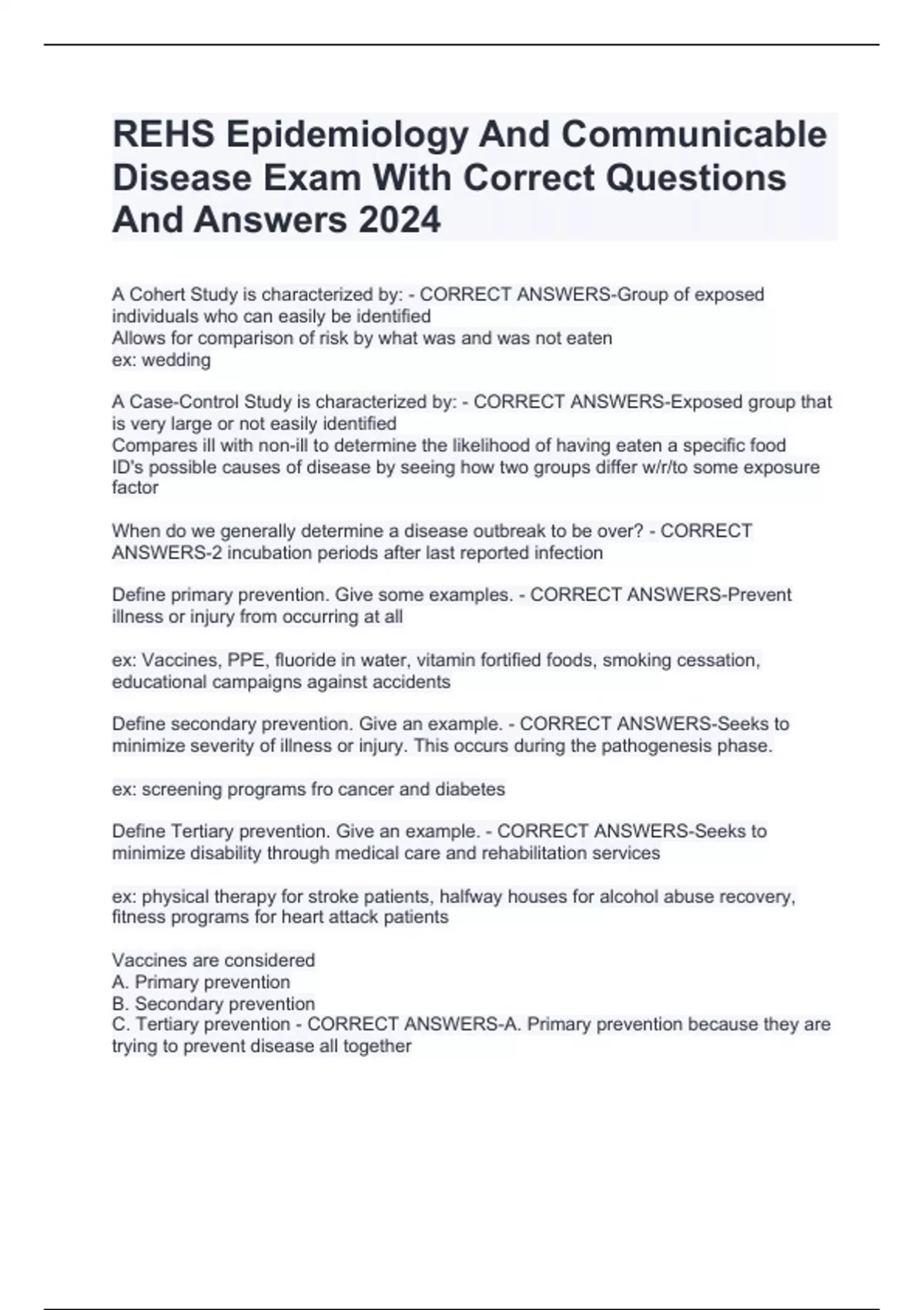 REHS Epidemiology And Communicable Disease Exam With Correct Questions ...