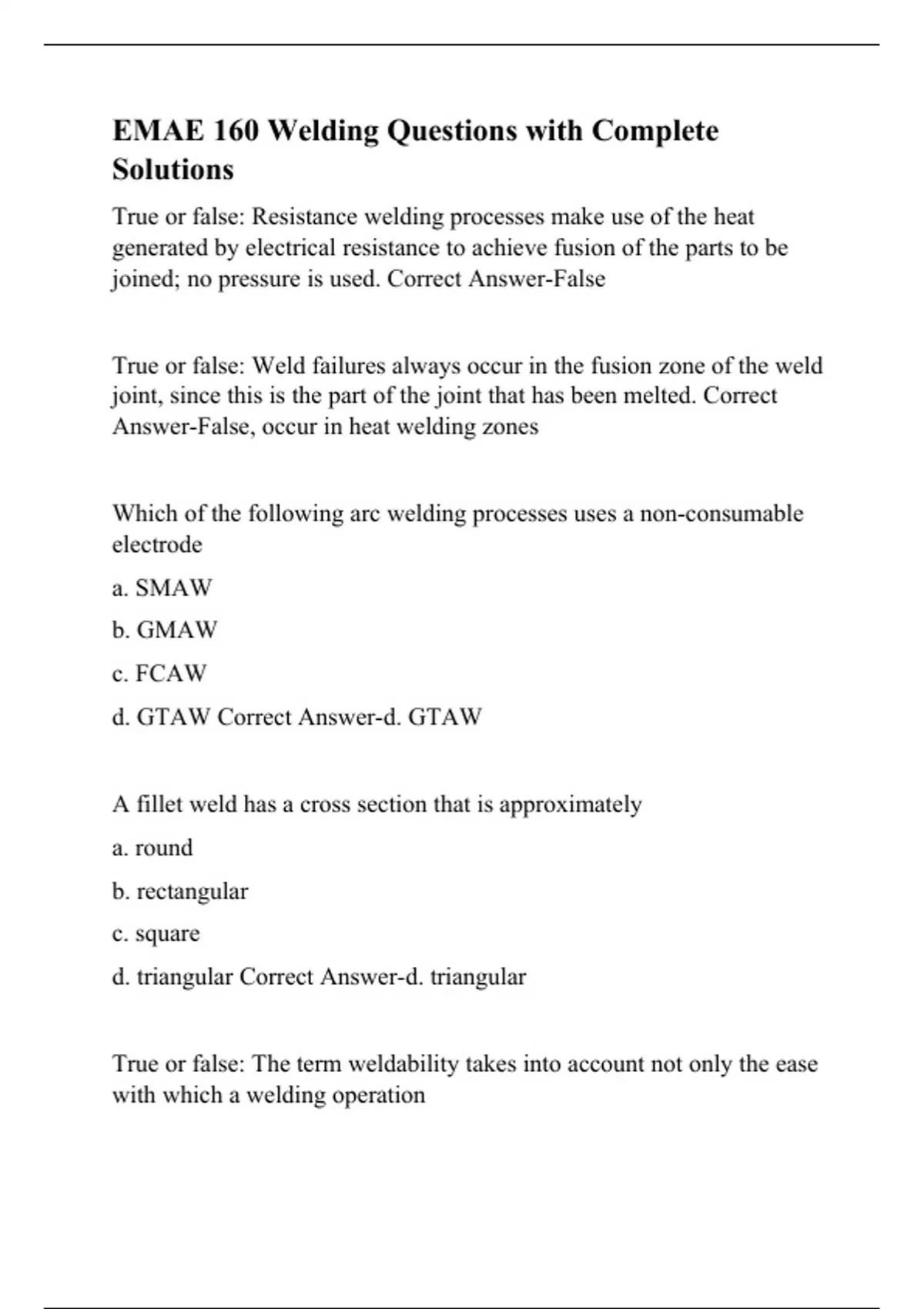 EMAE 160 Welding Questions with Complete Solutions - EMAE 160 - Stuvia US