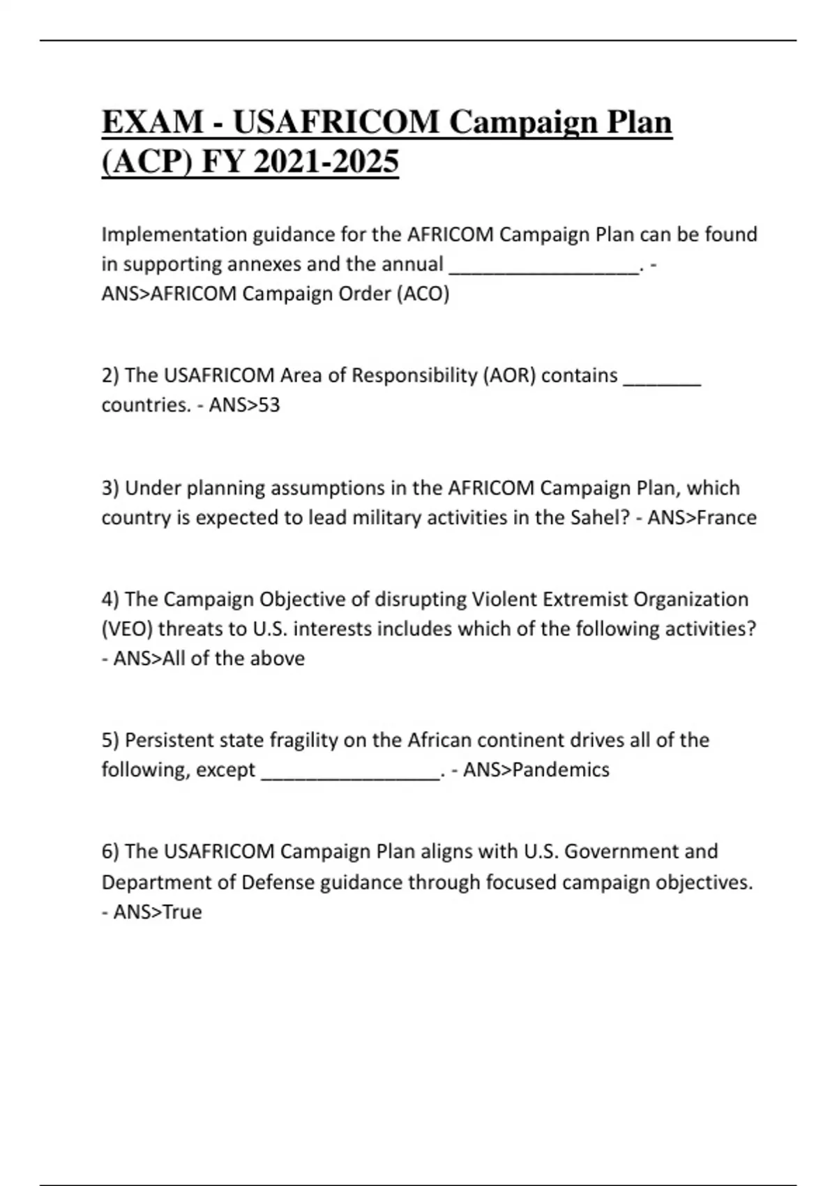 EXAM - USAFRICOM Campaign Plan (ACP) FY Correct answers latest update ...