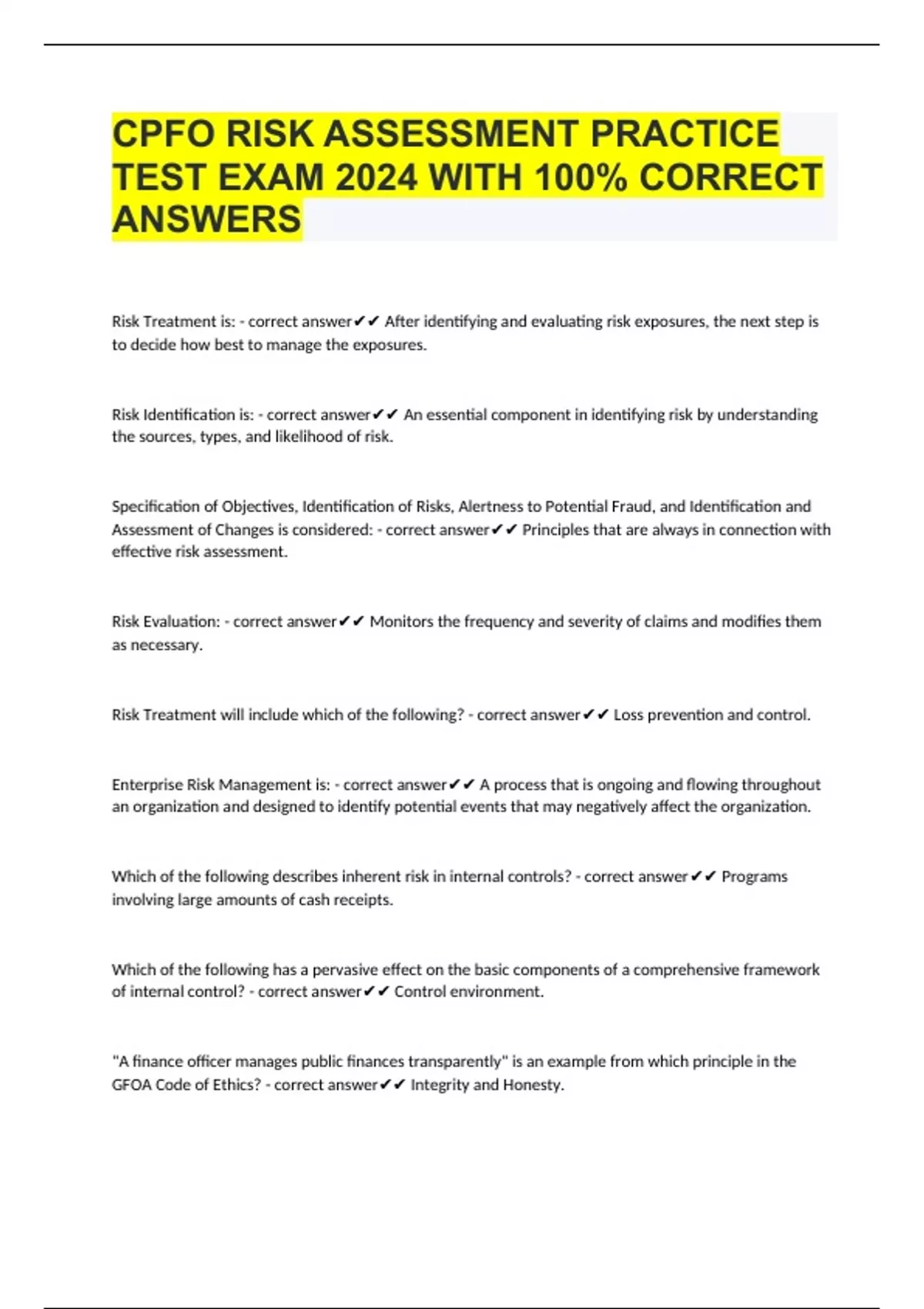 CPFO RISK ASSESSMENT PRACTICE TEST EXAM 2024 WITH 100% CORRECT ANSWERS ...