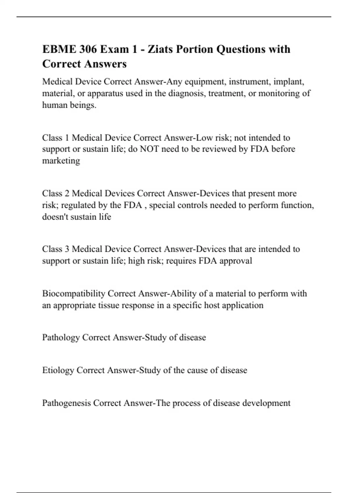 EBME 306 Exam 1 - Ziats Portion Questions with Correct Answers - EBME ...