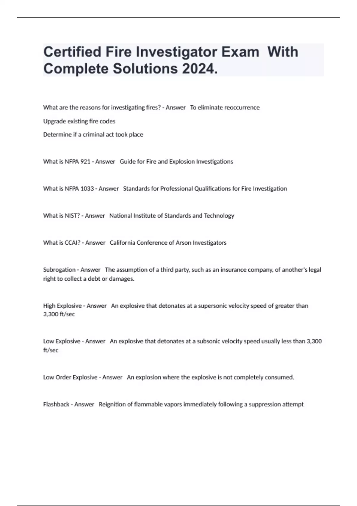 Certified Fire Investigator Exam With Complete Solutions 2024. - NAFI ...