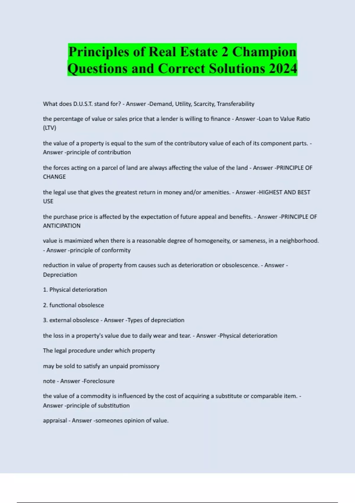 Principles of Real Estate 2 Champion Questions and Correct Solutions ...
