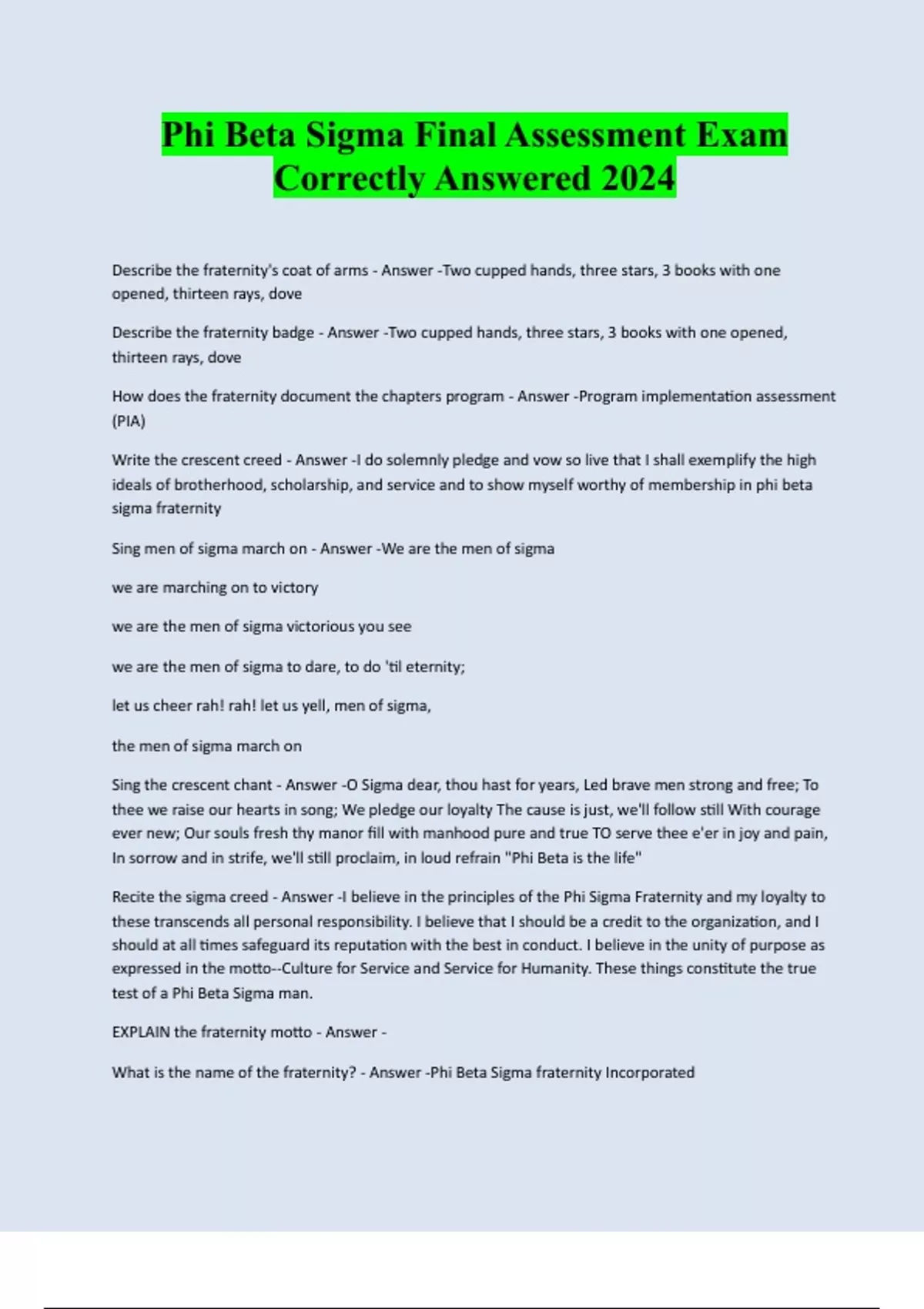 Phi Beta Sigma Final Assessment Exam Correctly Answered 2024 - Phi Beta Sigma - Stuvia US