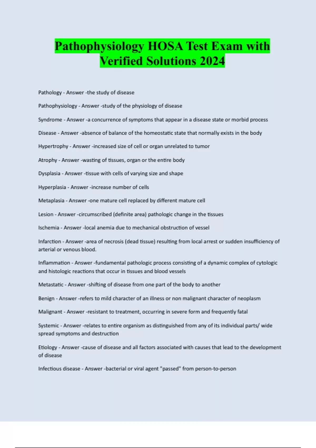 Pathophysiology HOSA Test Exam with Verified Solutions 2024 - HOSA ...