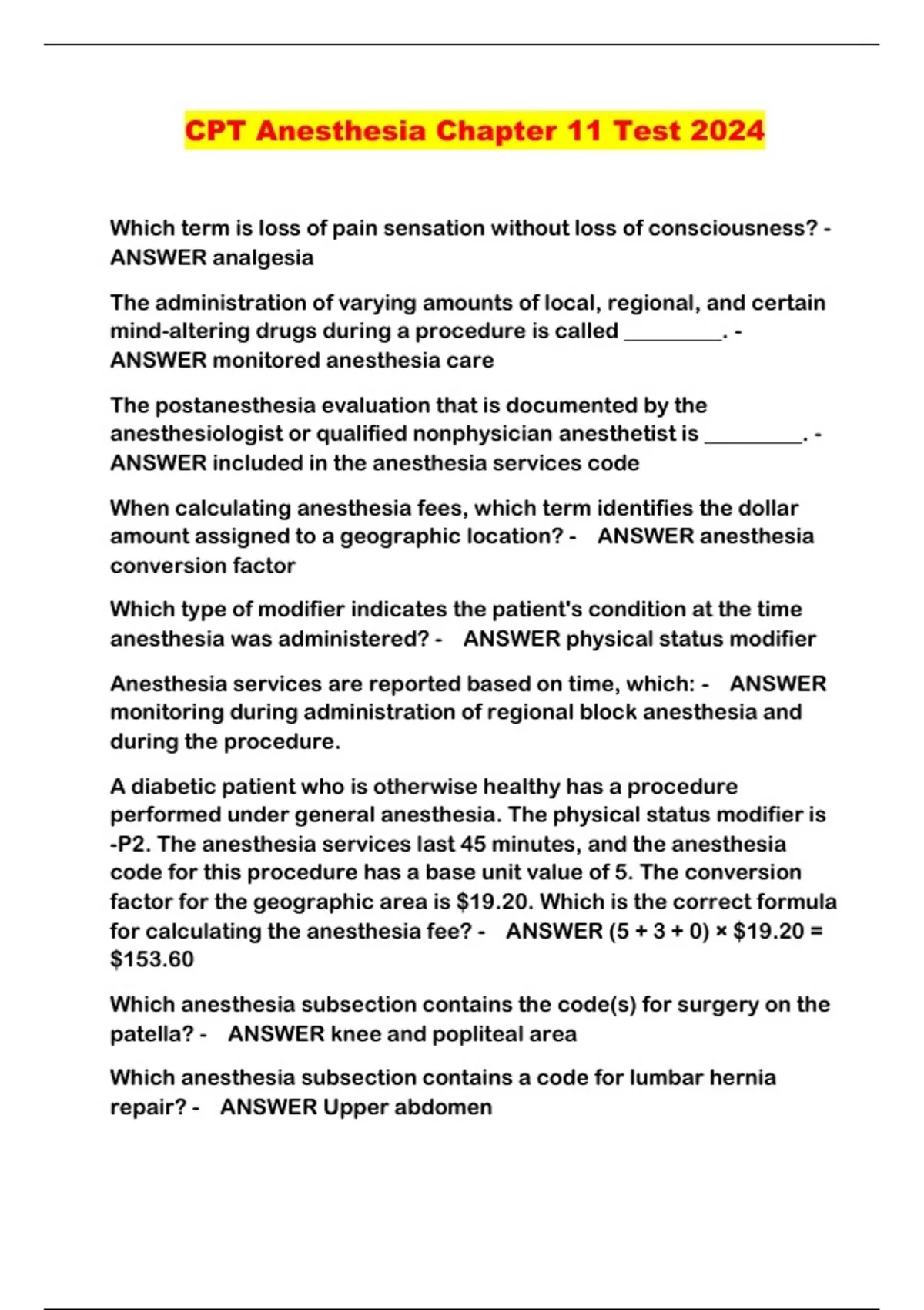 CPT Anesthesia Chapter 11 Test 2024 - CPT Anesthesia - Stuvia US