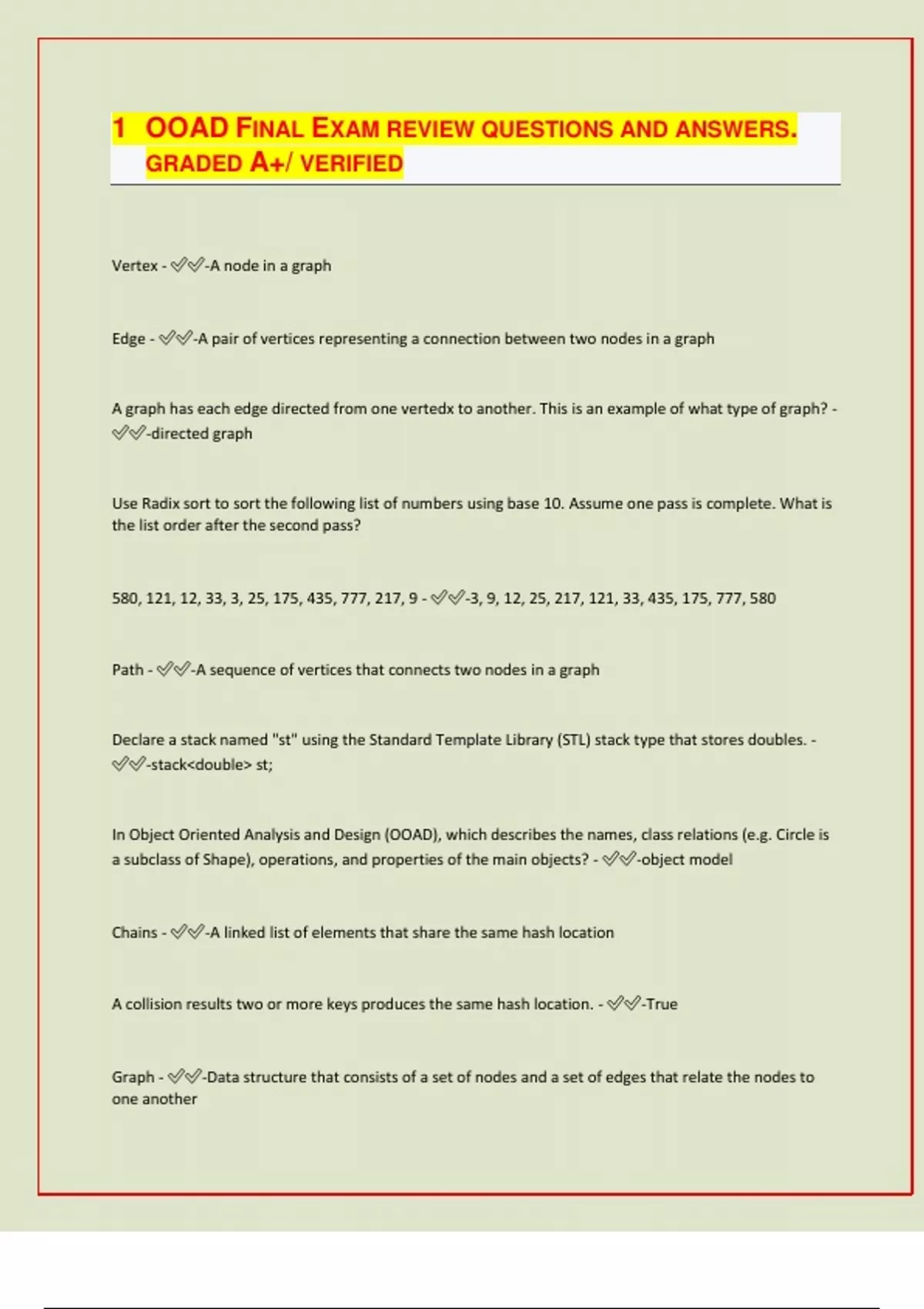 OOAD FINAL EXAM REVIEW QUESTIONS AND ANSWERS. GRADED A+/ VERIFIED ...