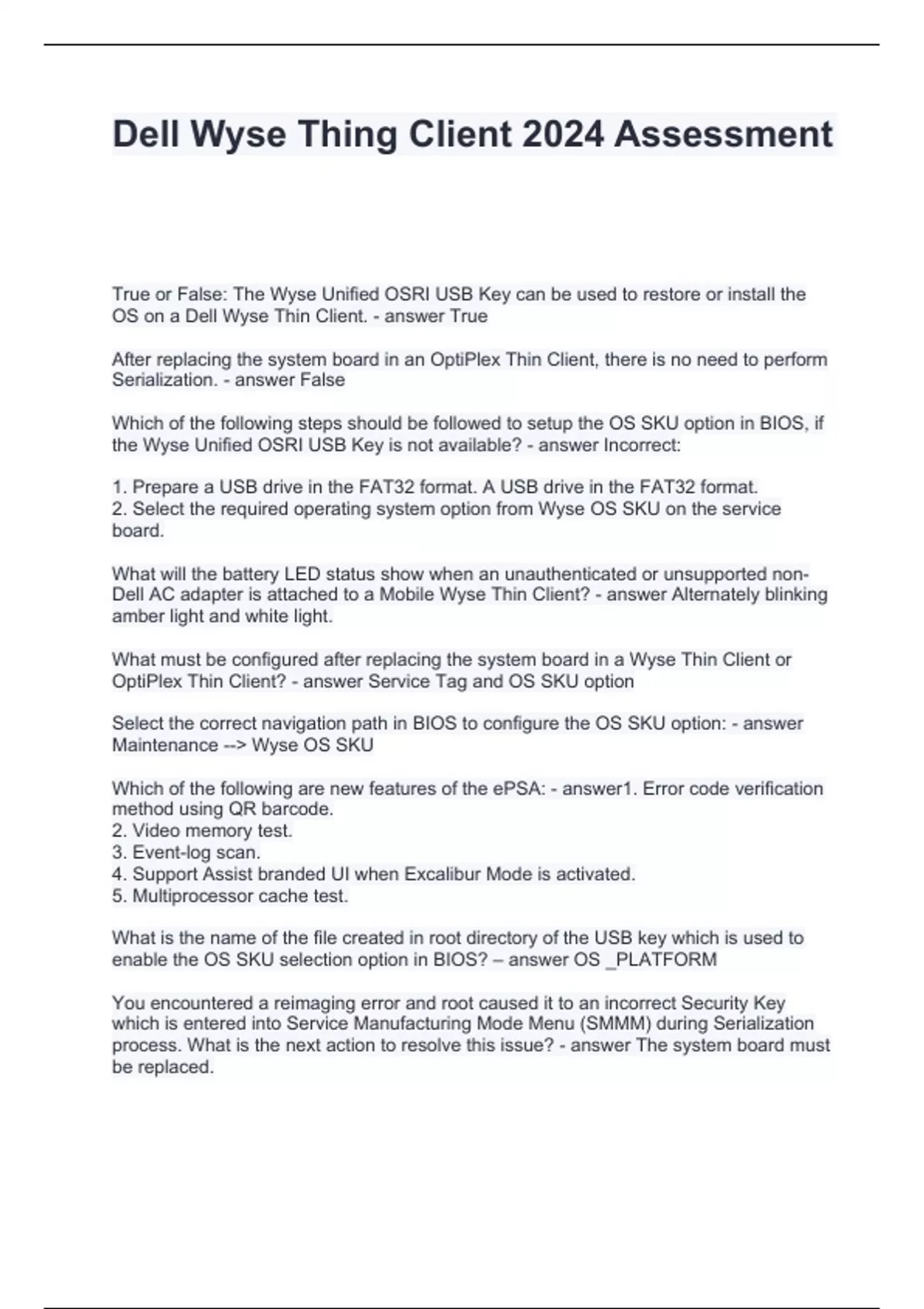 Dell Wyse Thing Client 2024 Assessment Questions with correct Answers - Dell Client Foundations ...