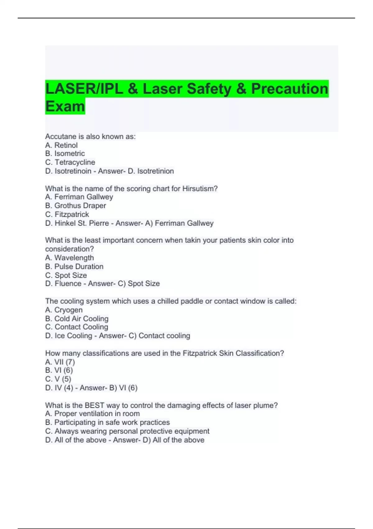 LASER-IPL & Laser Safety & Precaution Exam with correct Answers ...