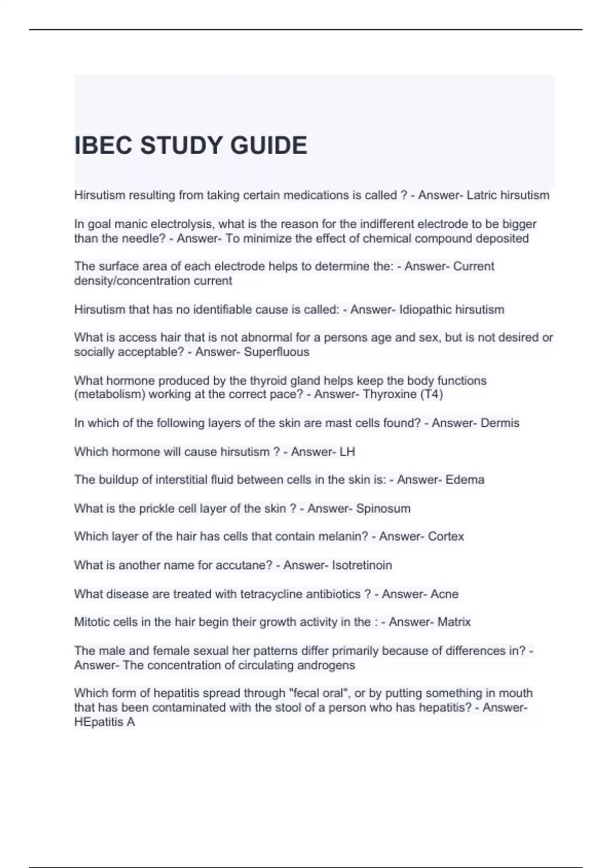 IBEC STUDY GUIDE 2024 WITH COMPLETE SOLUTIONS - Electrolysis IBEC+Laser ...
