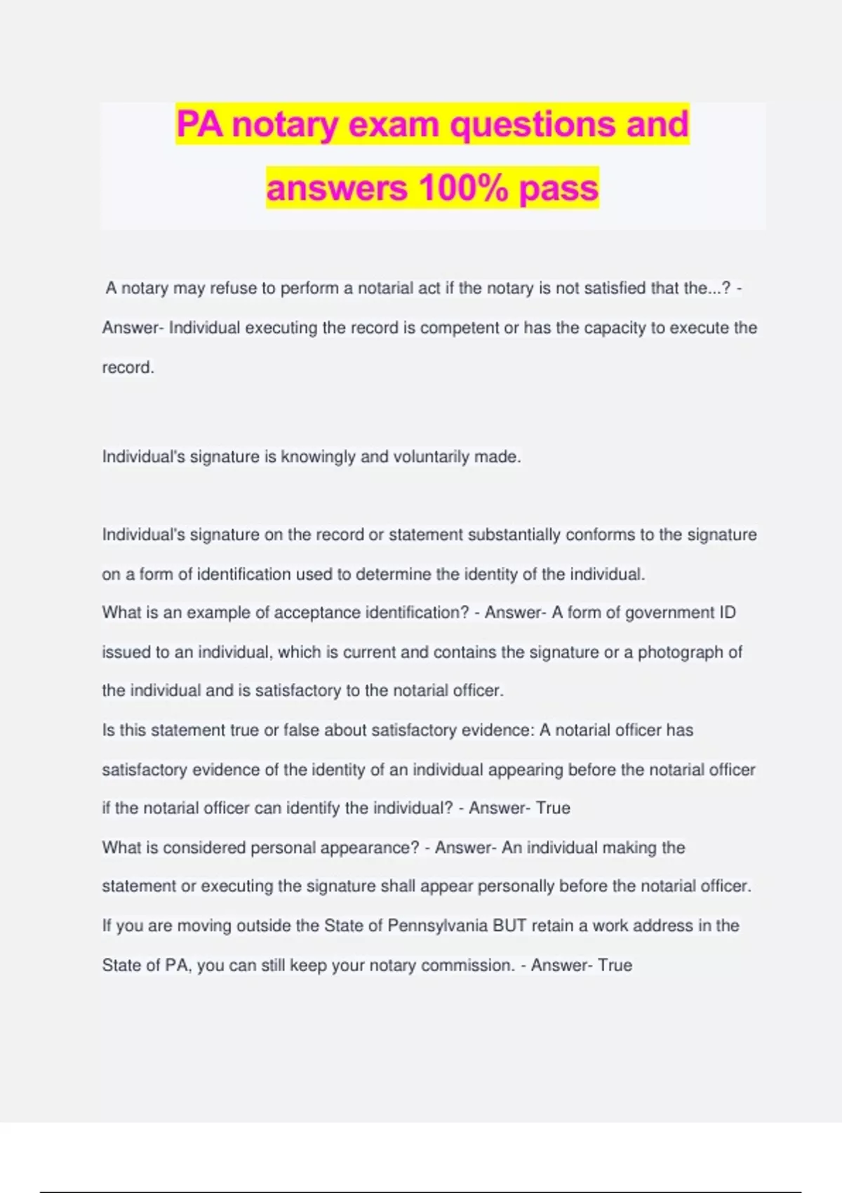 PA notary exam questions and answers 100% pass - Pennsylvania Notary ...