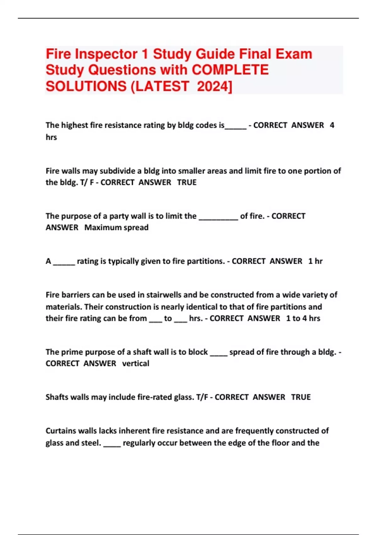 Fire Inspector 1 Study Guide Final Exam Study Questions with COMPLETE ...