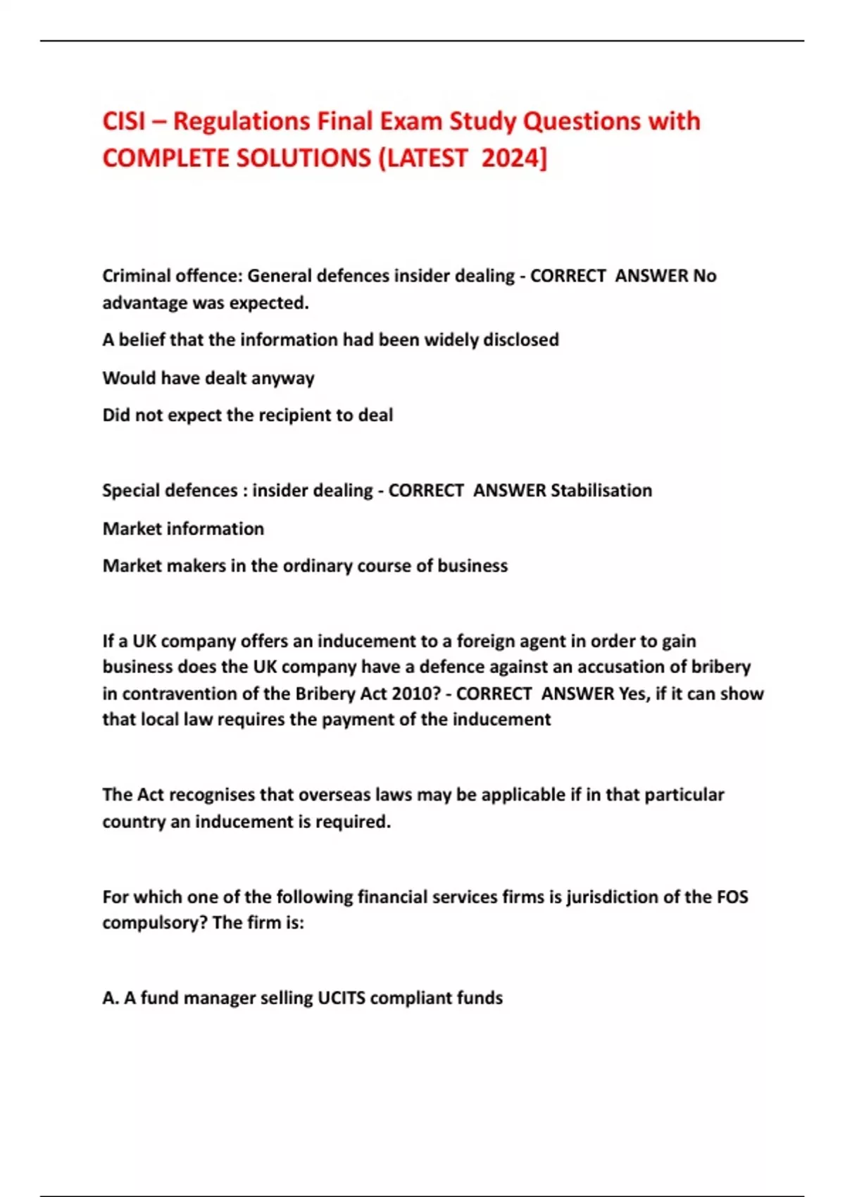 CISI – Regulations Final Exam Study Questions with COMPLETE SOLUTIONS ...