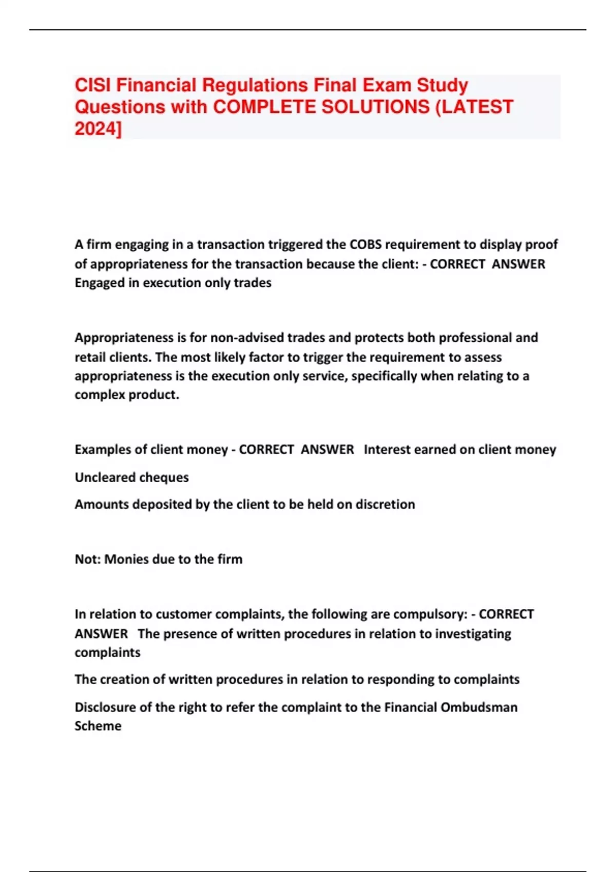CISI Financial Regulations Final Exam Study Questions with COMPLETE ...
