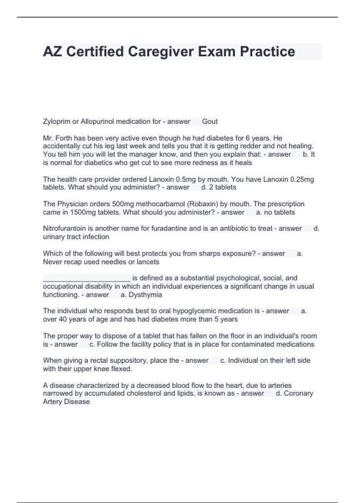 AZ Certified Caregiver Exam Practice Questions with correct Answers ...