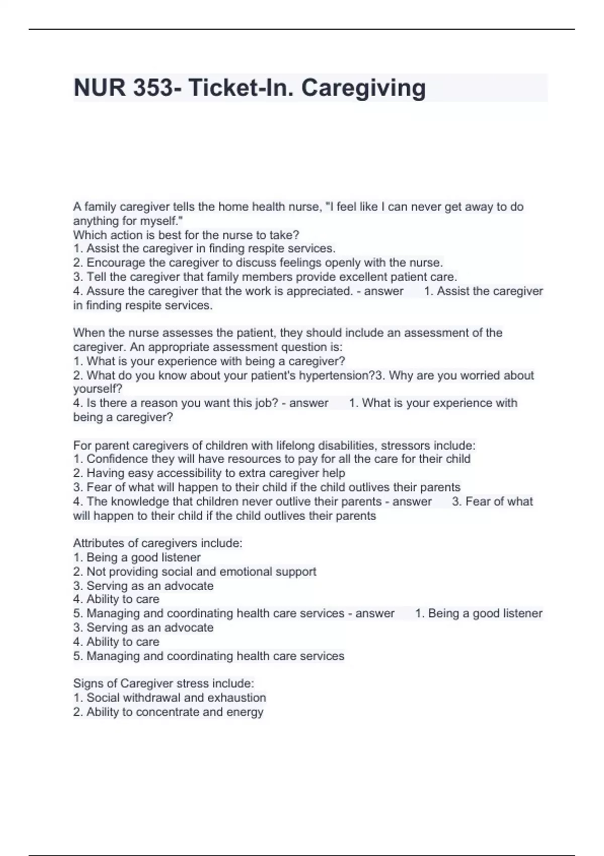 NUR 353- Ticket-In. Caregiving Questions with correct Answers 2024 ...