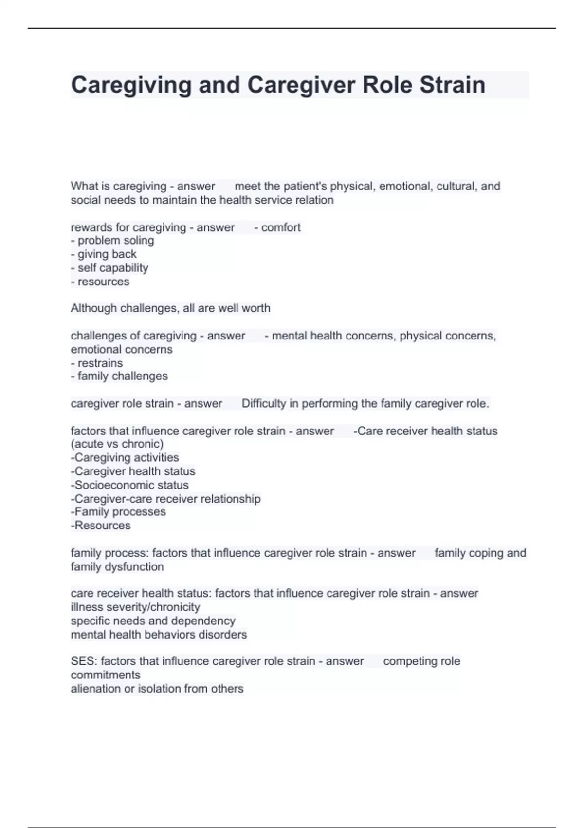 Caregiving and Caregiver Role Strain Questions and Answers 2024 ...