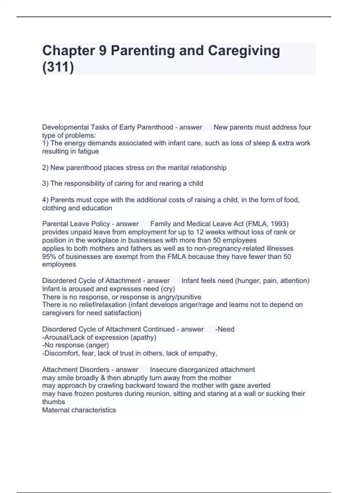 Chapter 9 Parenting and Caregiving (311) Questions with correct Answers ...