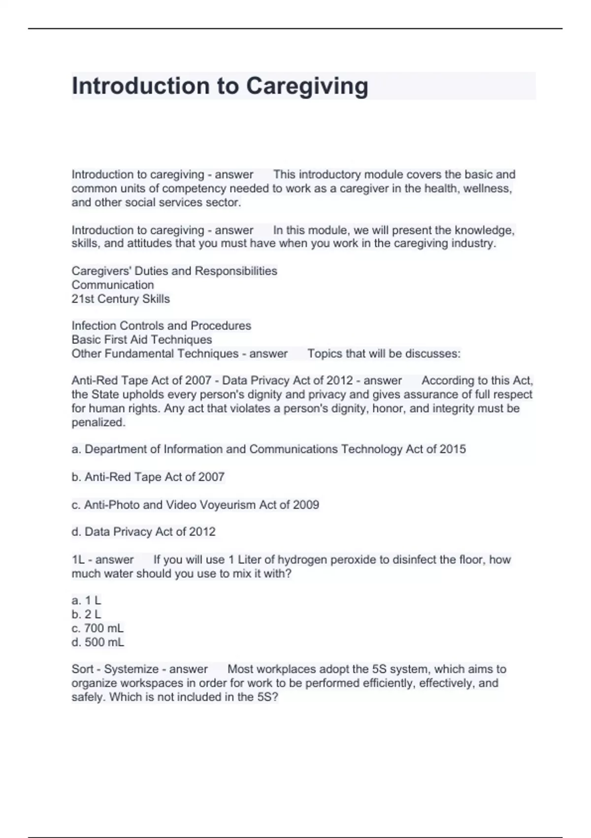 Introduction to Caregiving Questions and Answers 2024 - Caregiver ...