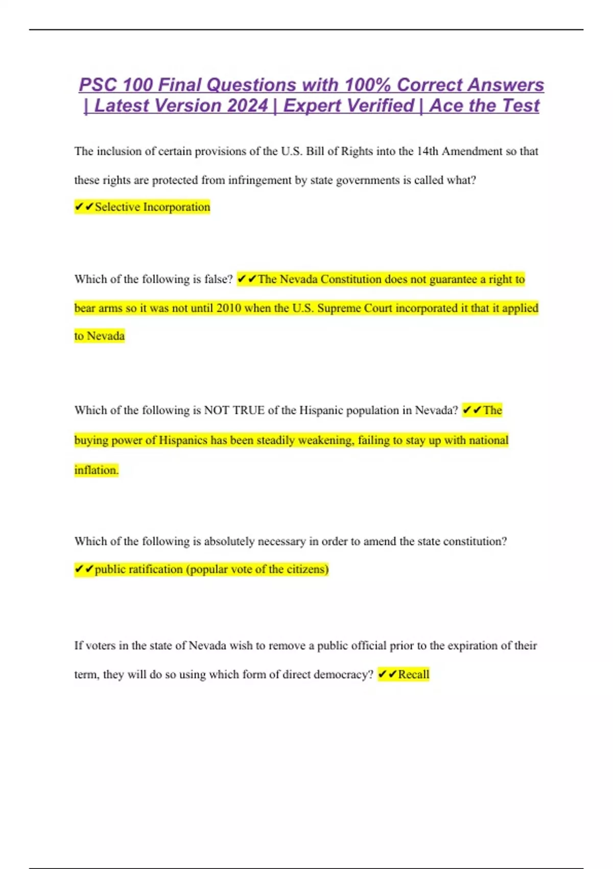 PSC 100 Final Questions with 100% Correct Answers | Latest Version 2024 ...
