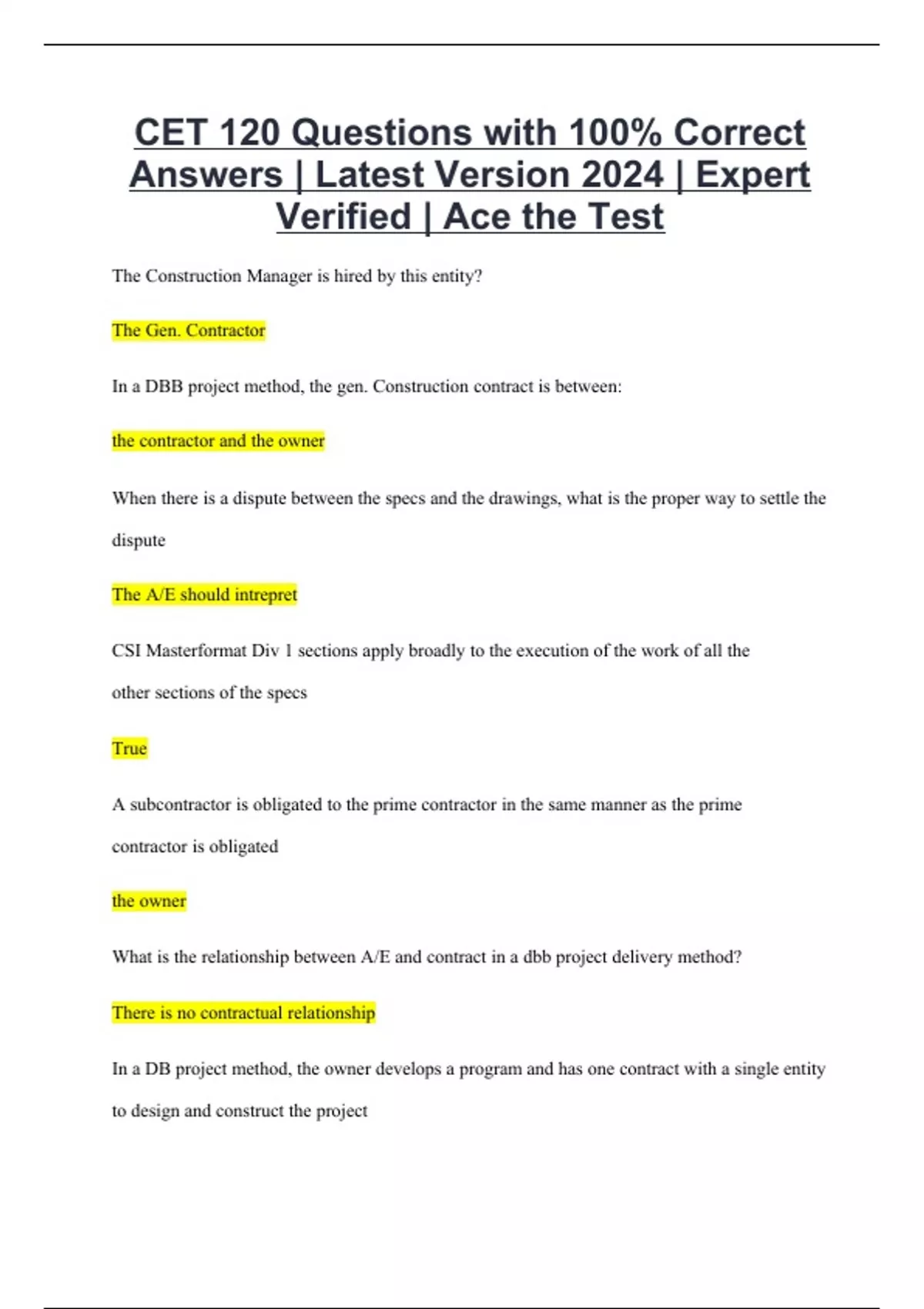 CET 120 Questions with 100% Correct Answers | Latest Version 2024 ...