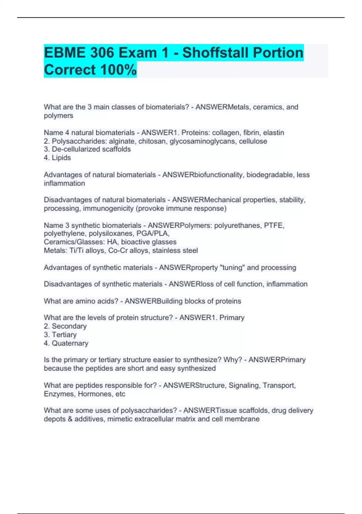 EBME 306 Exam 1 - Shoffstall Portion Correct 100% - EBME 306 - Stuvia US