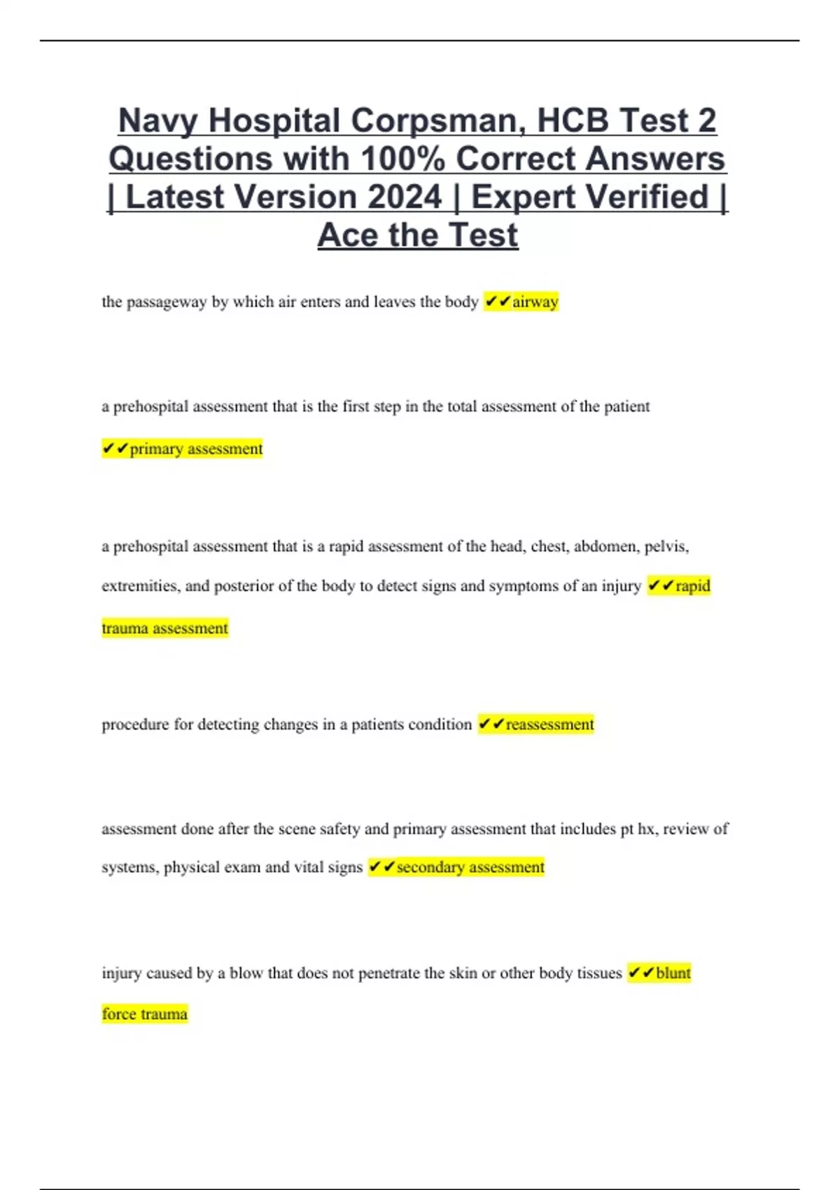 Navy Hospital Corpsman, HCB Test 2 Questions with 100% Correct Answers ...