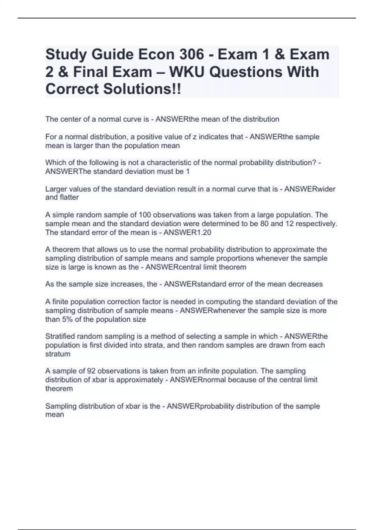 Study Guide Econ 306 - Exam 1 & Exam 2 & Final Exam – WKU Questions With Correct Solutions!! - E ...