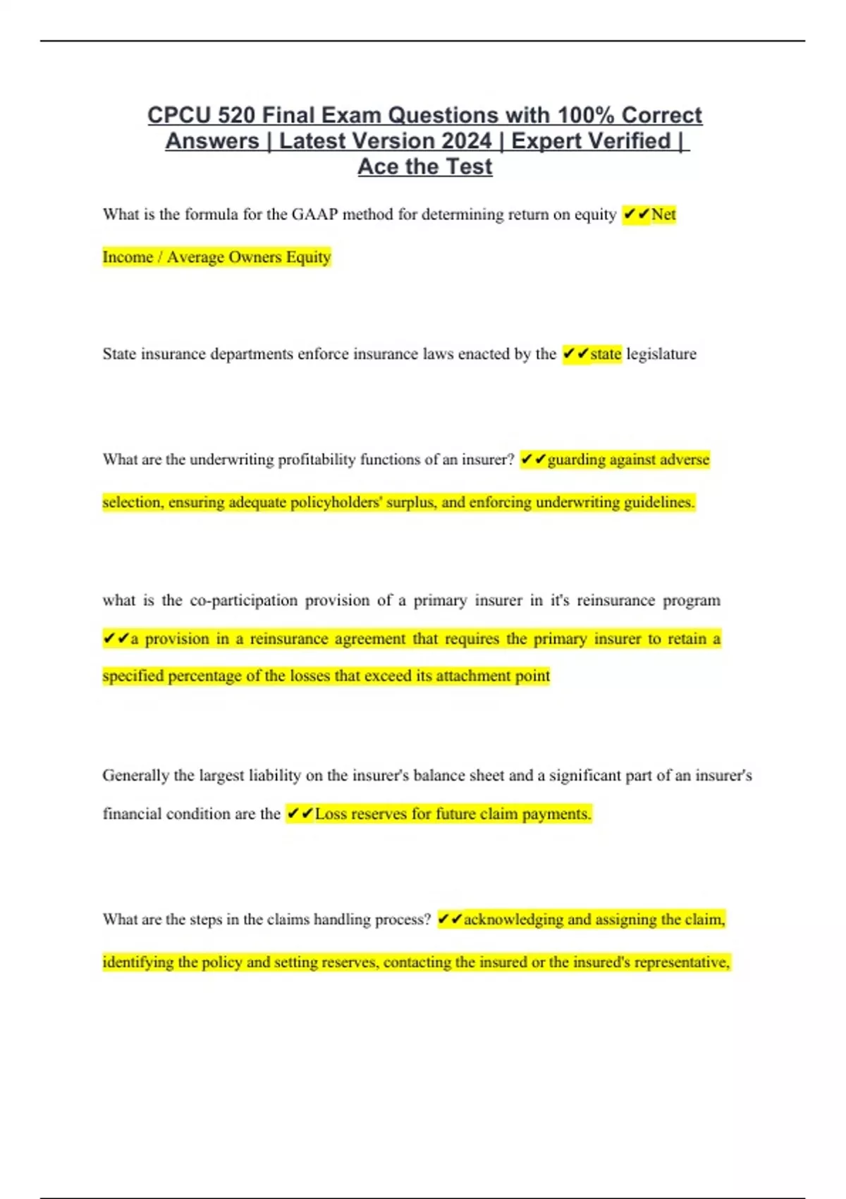 CPCU 520 Final Exam Questions with 100% Correct Answers | Latest ...