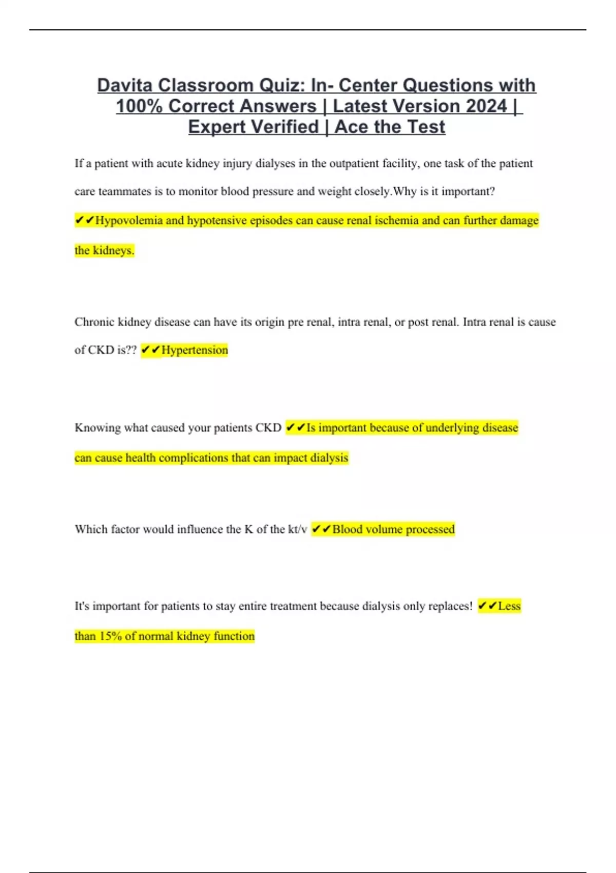 Davita Classroom Quiz: In- Center Questions with 100% Correct Answers ...
