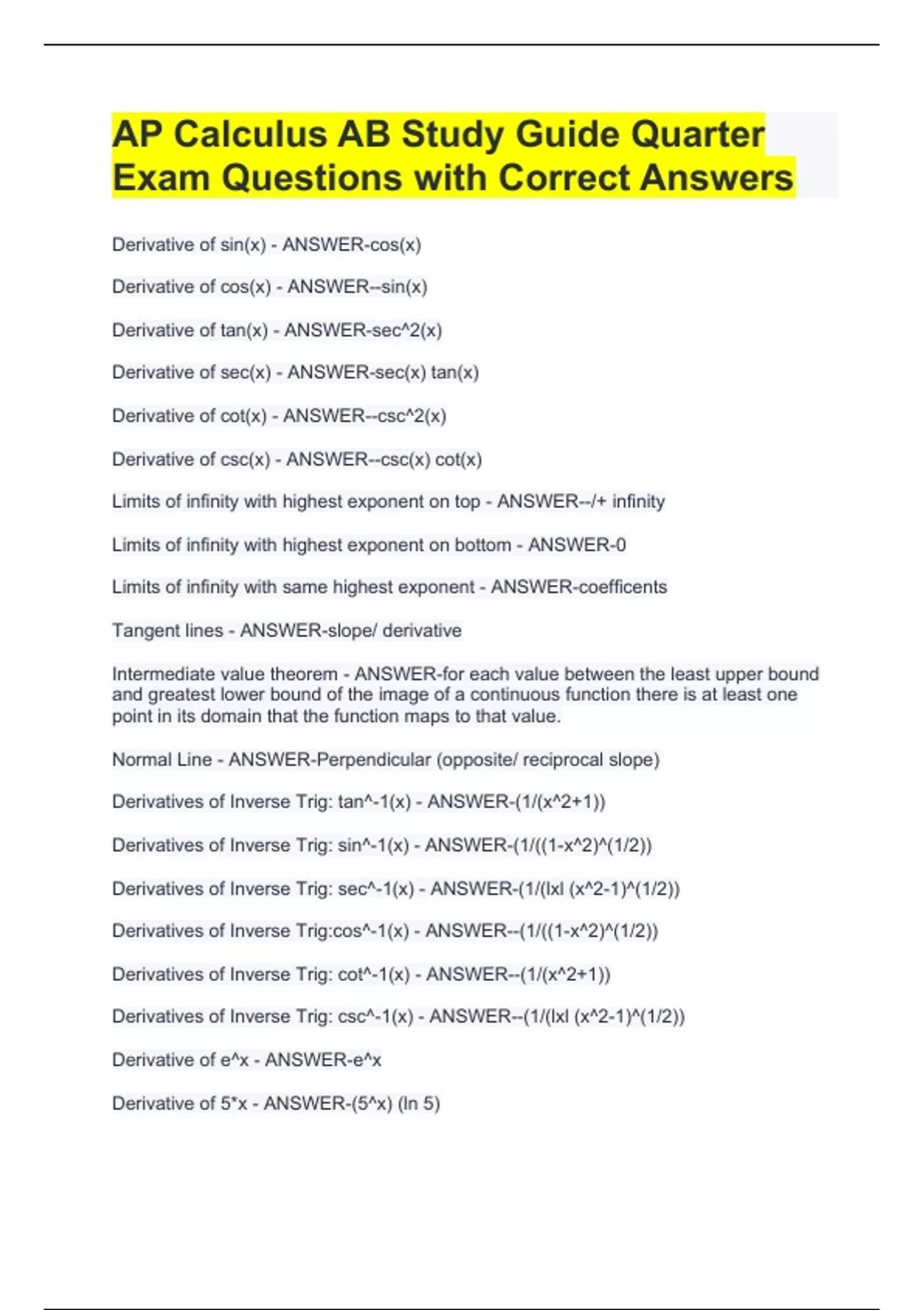 AP Calculus AB Study Guide Quarter Exam Questions with Correct Answers ...