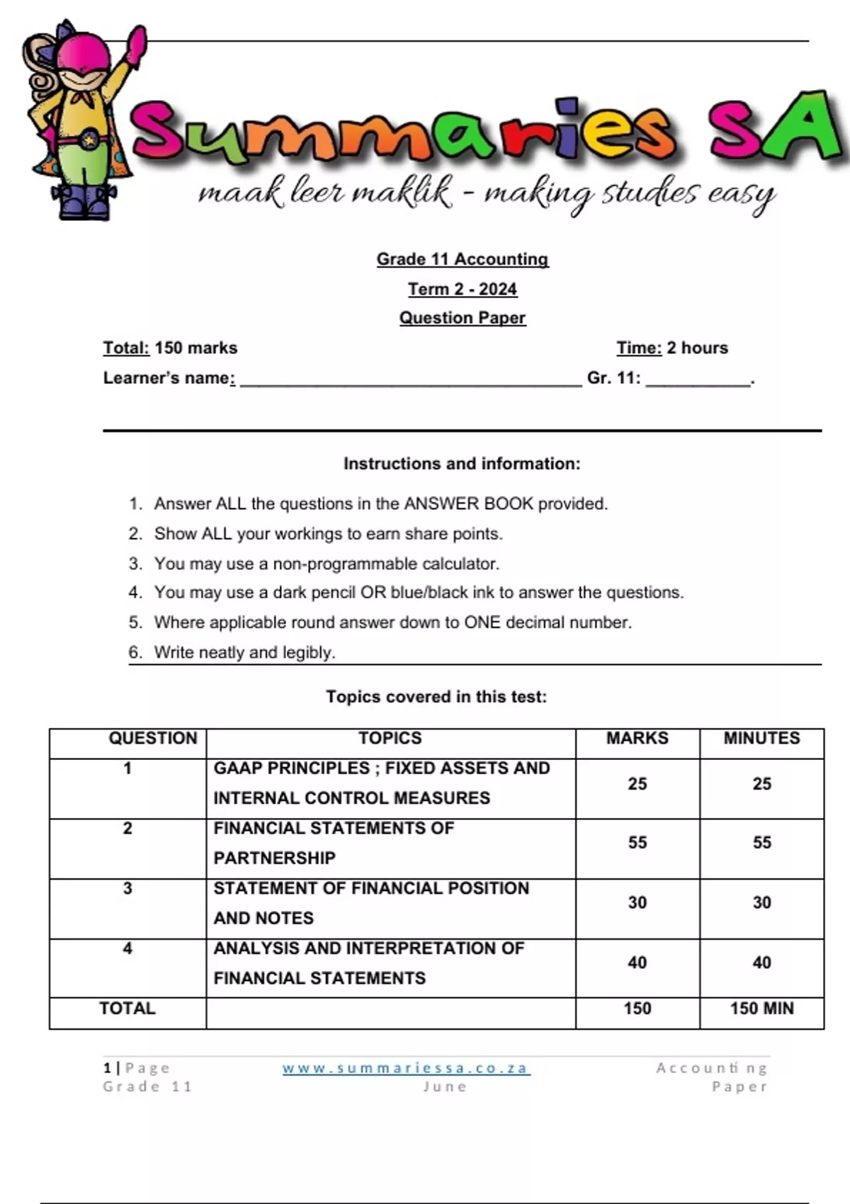 Grade 11 Accounting June Paper and Memo - 2024 - Accounting - Stuvia SA