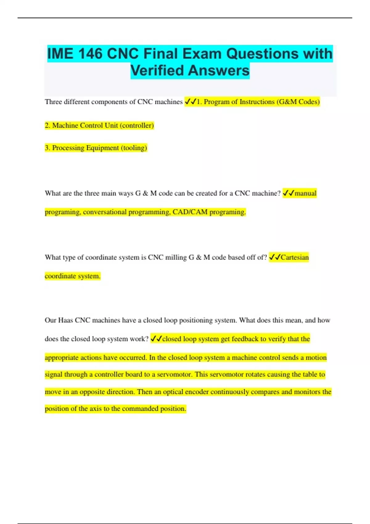 IME 146 CNC Final Exam Questions with Verified Answers - IME 146 CNC - Stuvia US