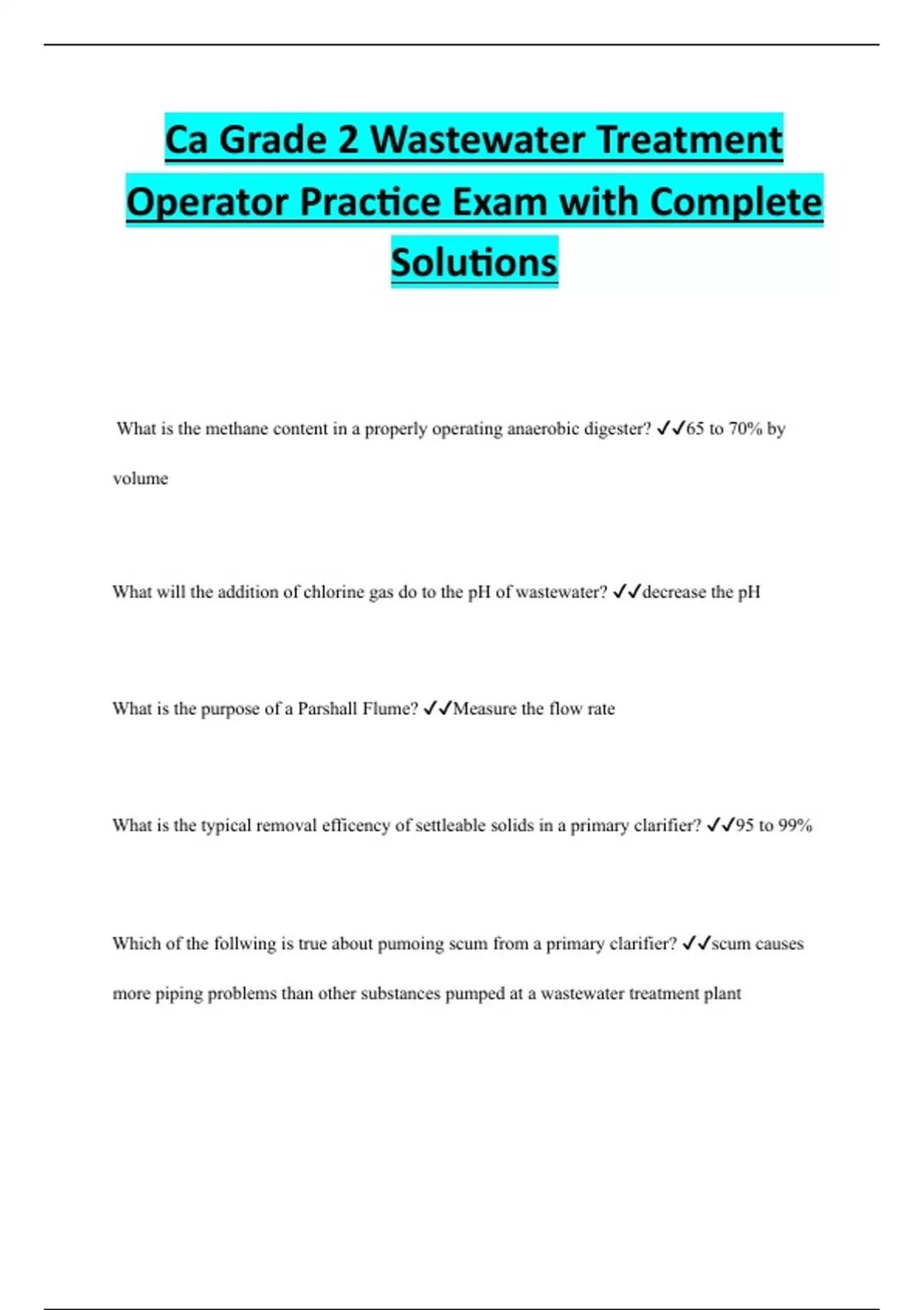 Ca Grade 2 Wastewater Treatment Operator Practice Exam with Complete ...