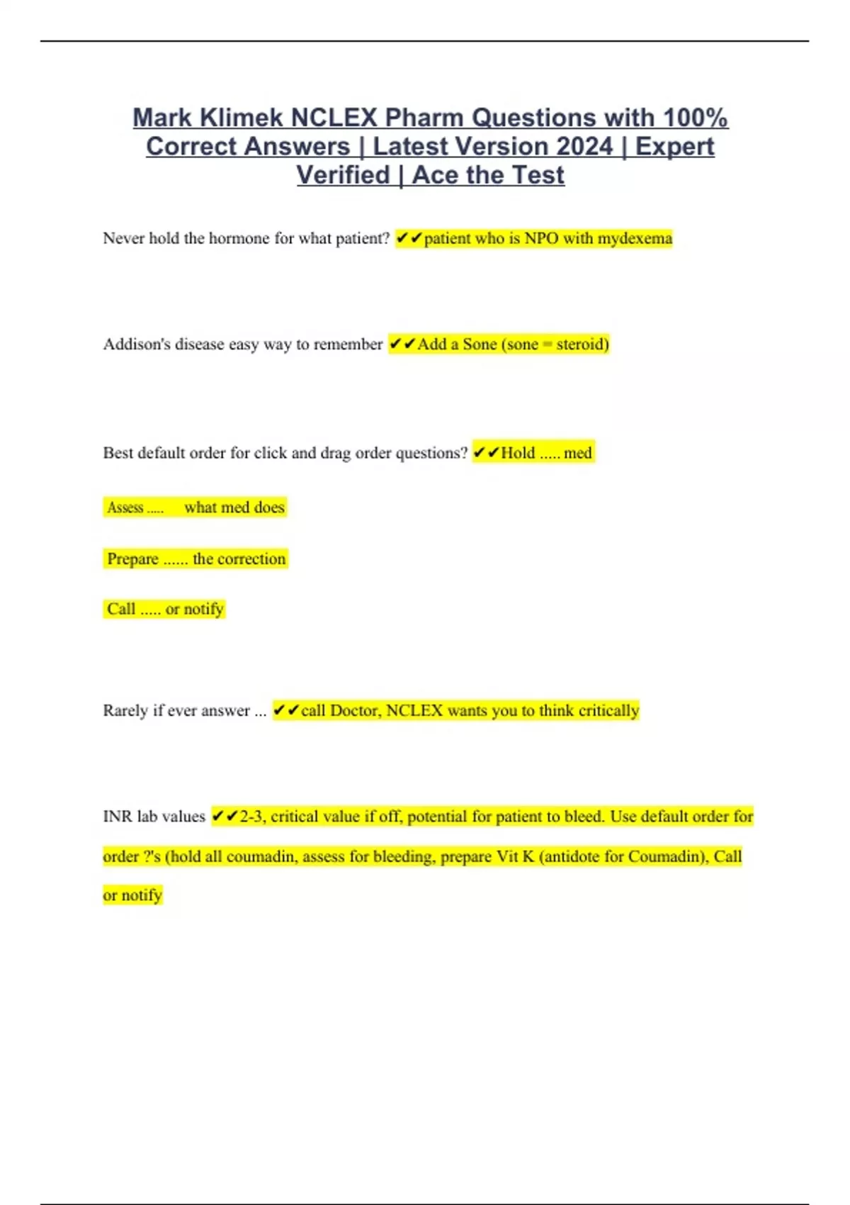 Mark Klimek NCLEX Pharm Questions with 100% Correct Answers | Latest ...