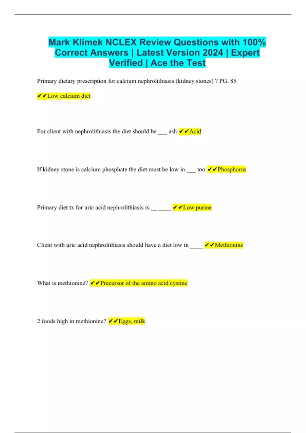 Mark Klimek NCLEX Review Questions with 100% Correct Answers | Latest ...