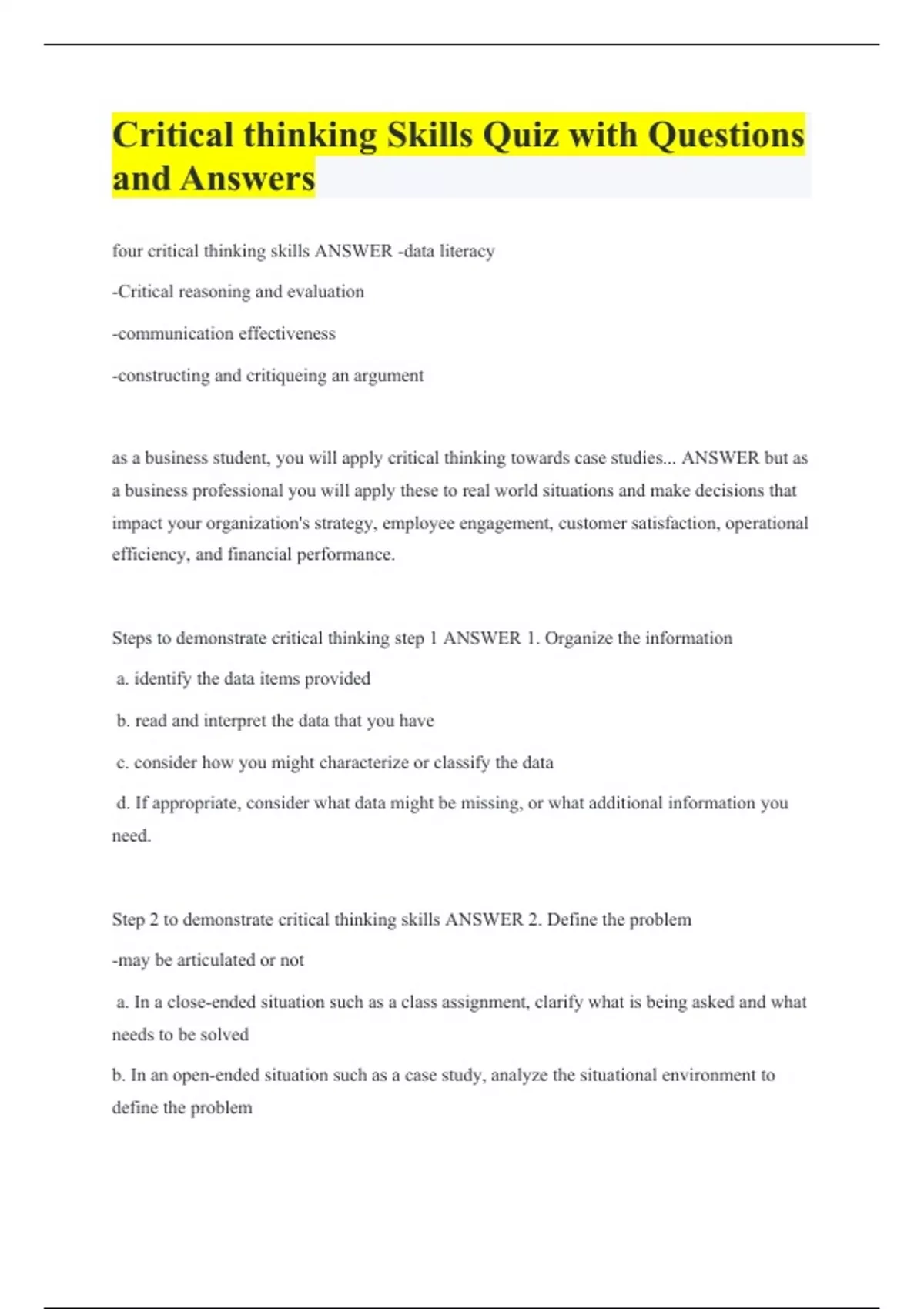 Critical thinking Skills Quiz with Questions and Answers - BUSN410 ...