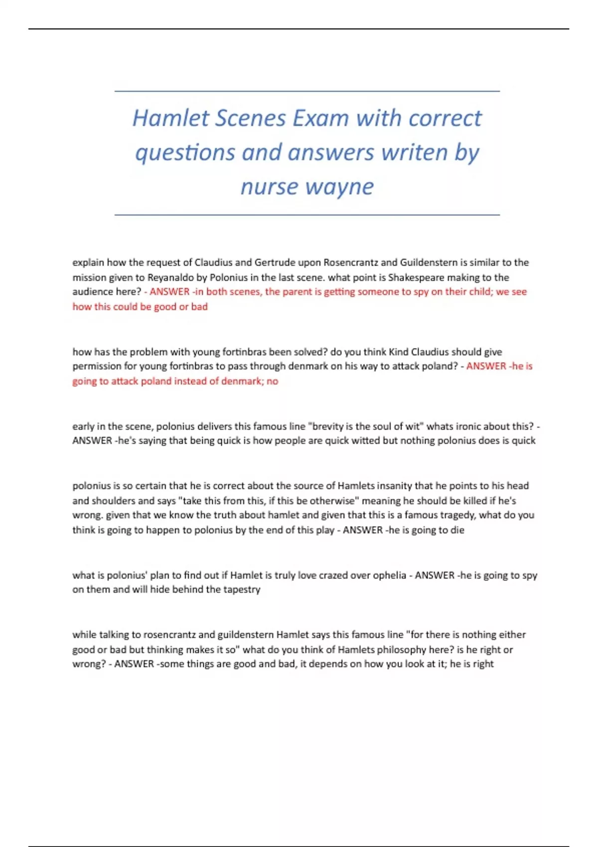 Hamlet Scenes Exam with correct questions and answers writen by nurse ...