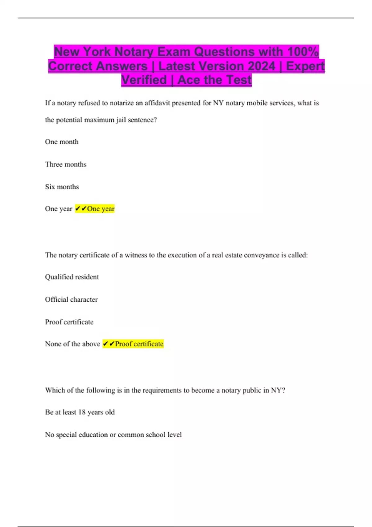 New York Notary Exam Questions with 100% Correct Answers | Latest ...