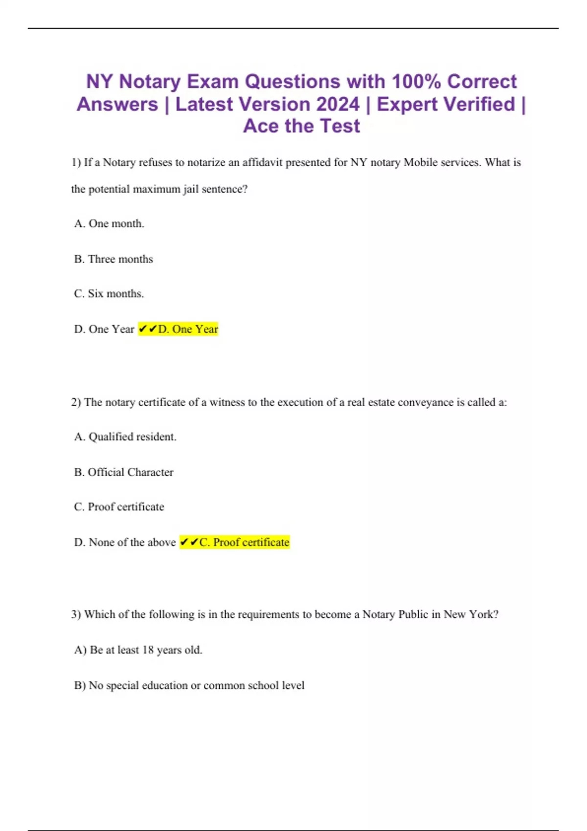 NY Notary Exam Questions with 100% Correct Answers | Latest Version ...
