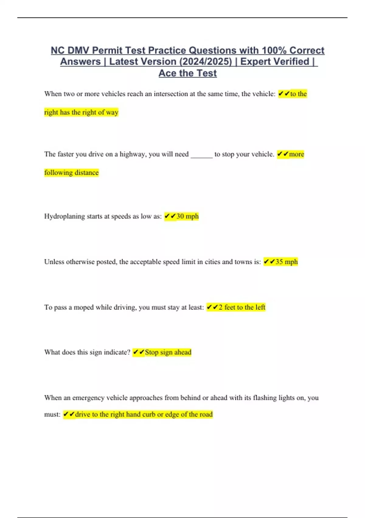 NC DMV Permit Test Practice Questions with 100% Correct Answers ...