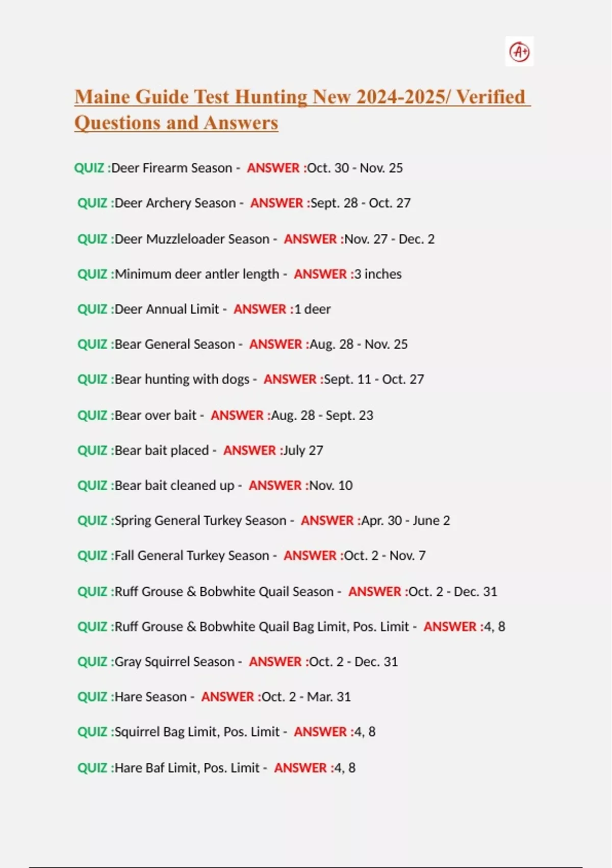Maine Guide Test Hunting New / Verified Questions and Answers - Maine ...