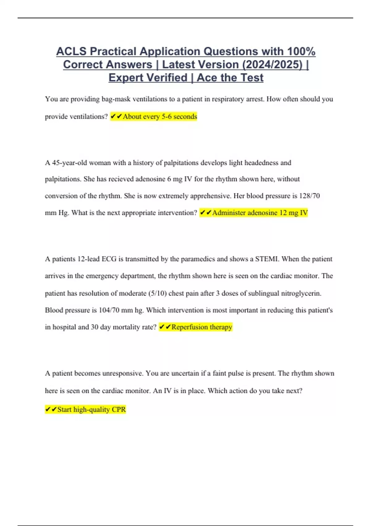 ACLS Practical Application Questions with 100% Correct Answers | Latest ...