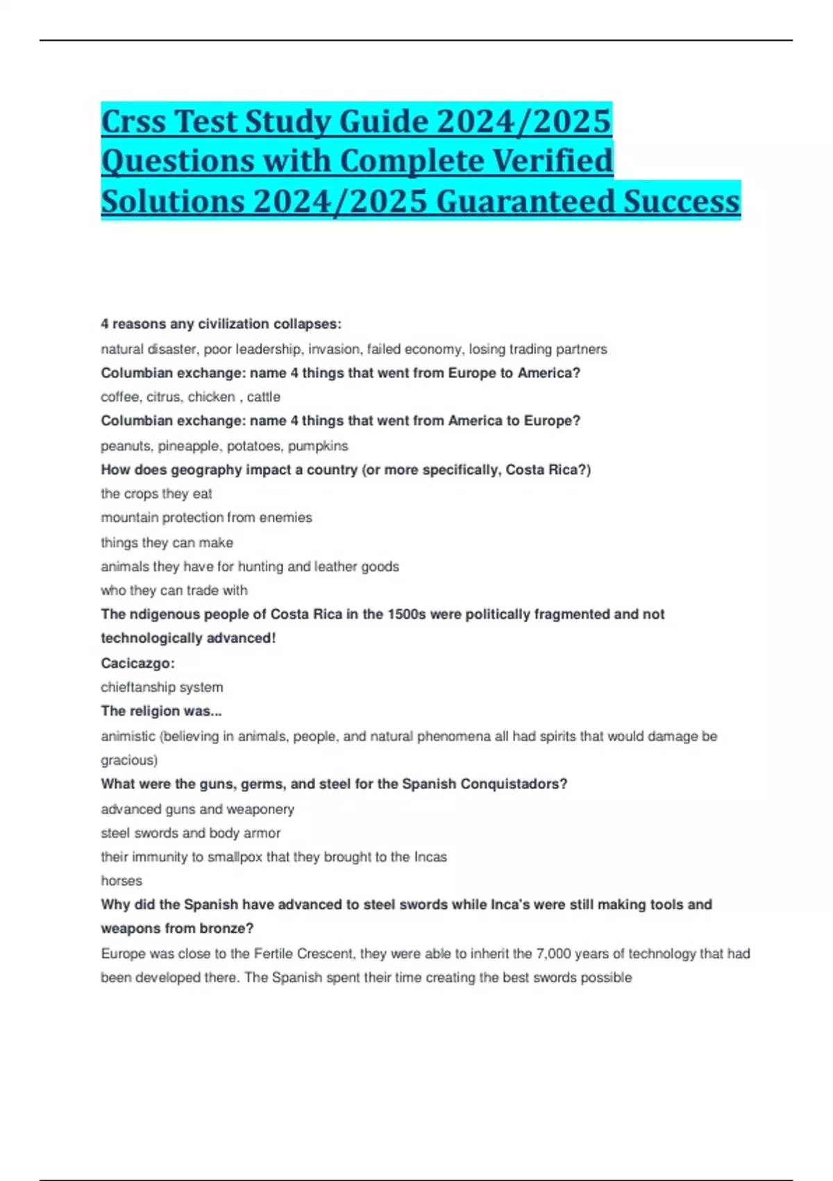 Crss Test Study Guide 2024/2025 Questions with Complete Verified ...