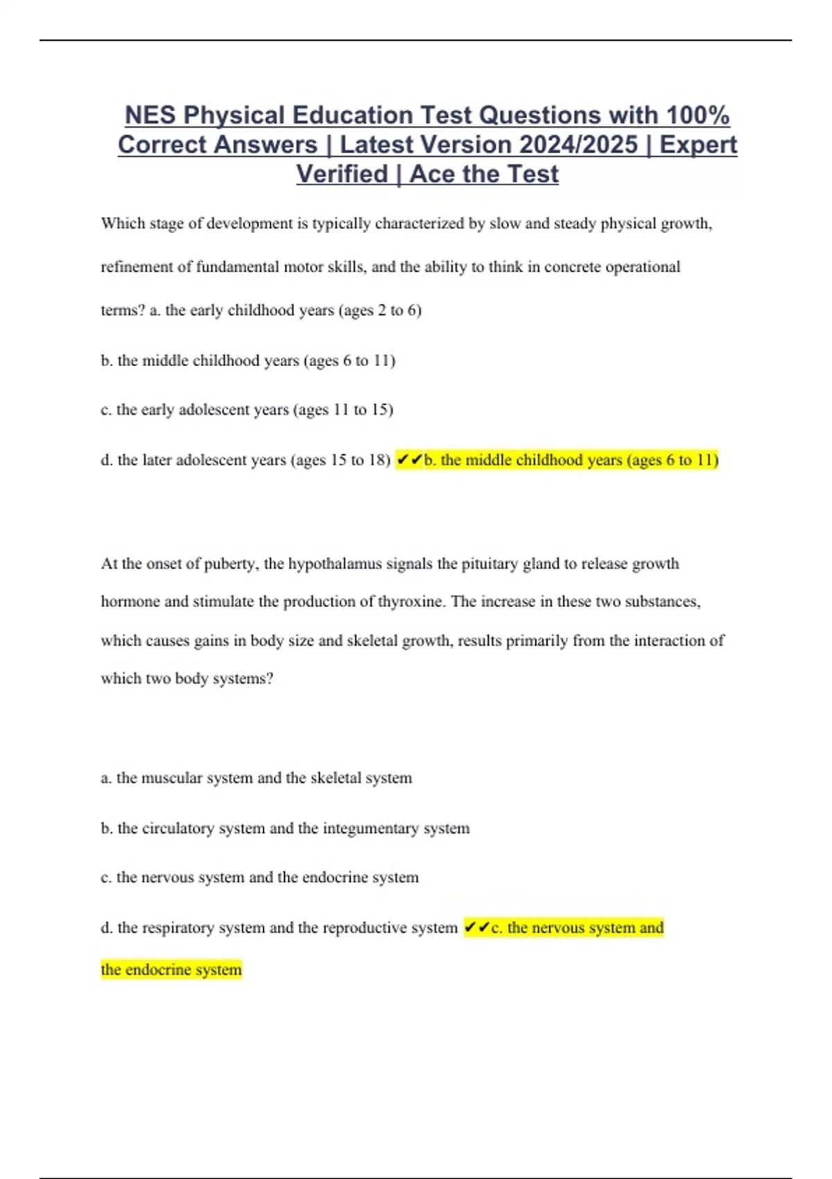 NES Physical Education Test Questions with 100% Correct Answers ...