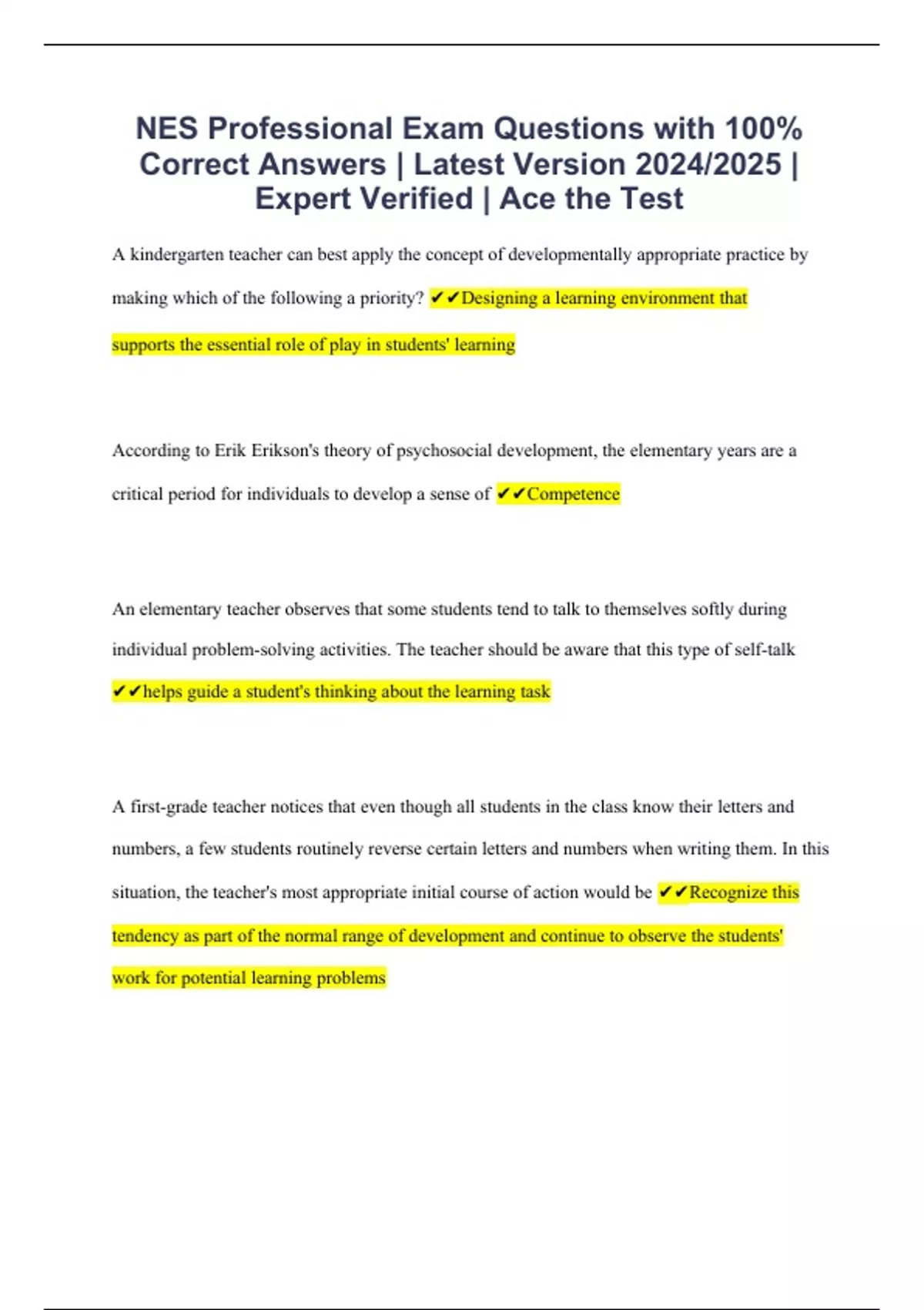 NES Professional Exam Questions with 100% Correct Answers | Latest ...