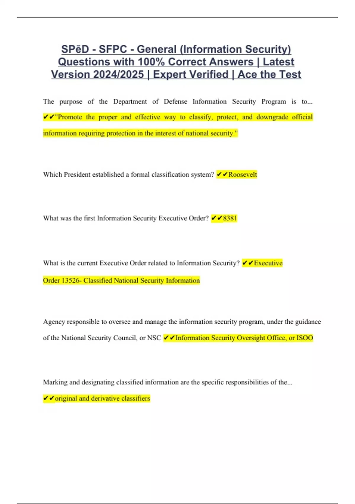 Spēd Sfpc General Information Security Questions With 100 Correct Answers Latest