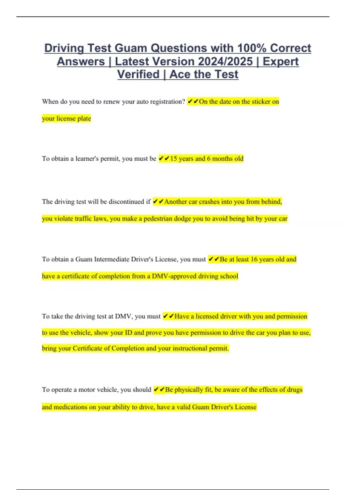 Driving Test Guam Questions with 100% Correct Answers | Latest Version ...