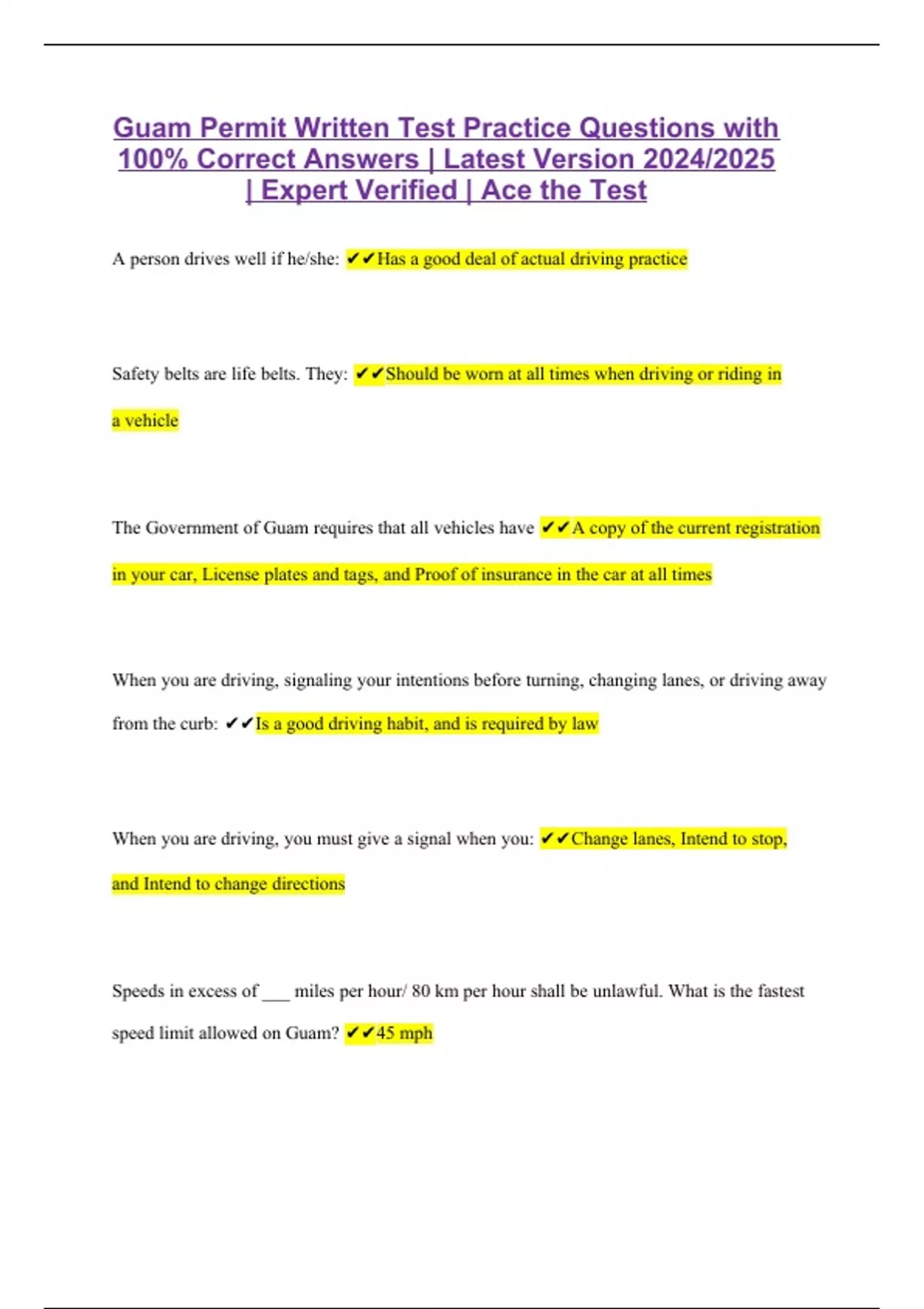 Guam Permit Written Test Practice Questions with 100% Correct Answers ...