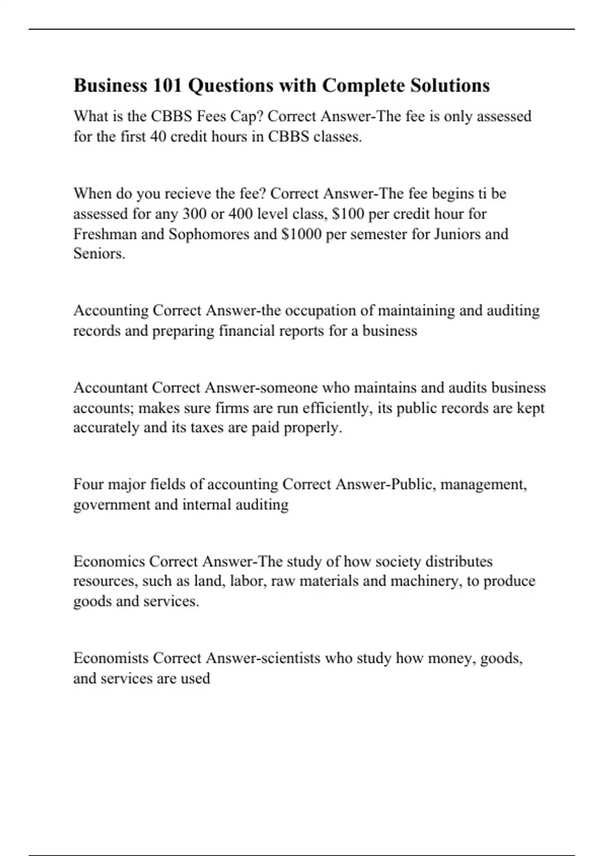 Business 101 Questions with Complete Solutions - Business 101 - Stuvia US